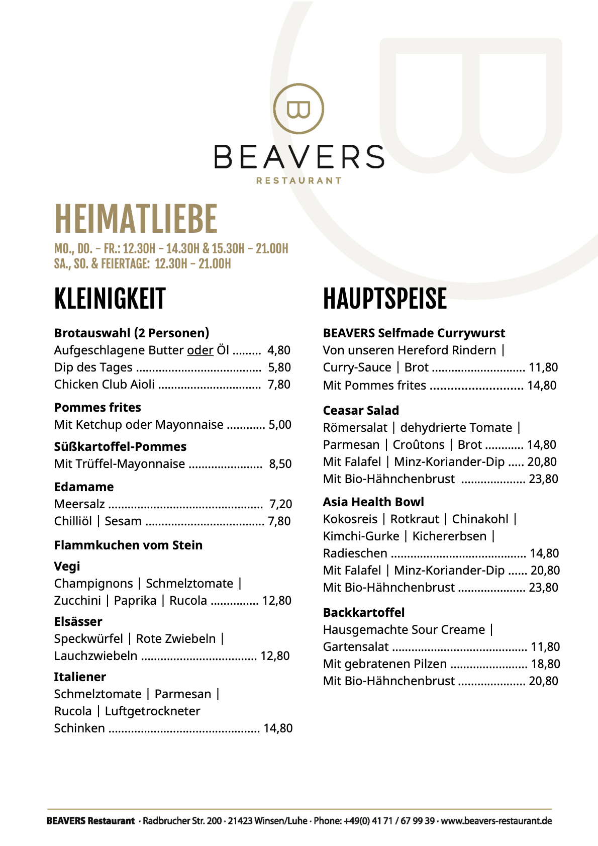 Speisekarten – Beavers Restaurant